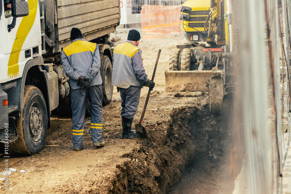 Construction workers repairing a burst water pipe under winter ...
