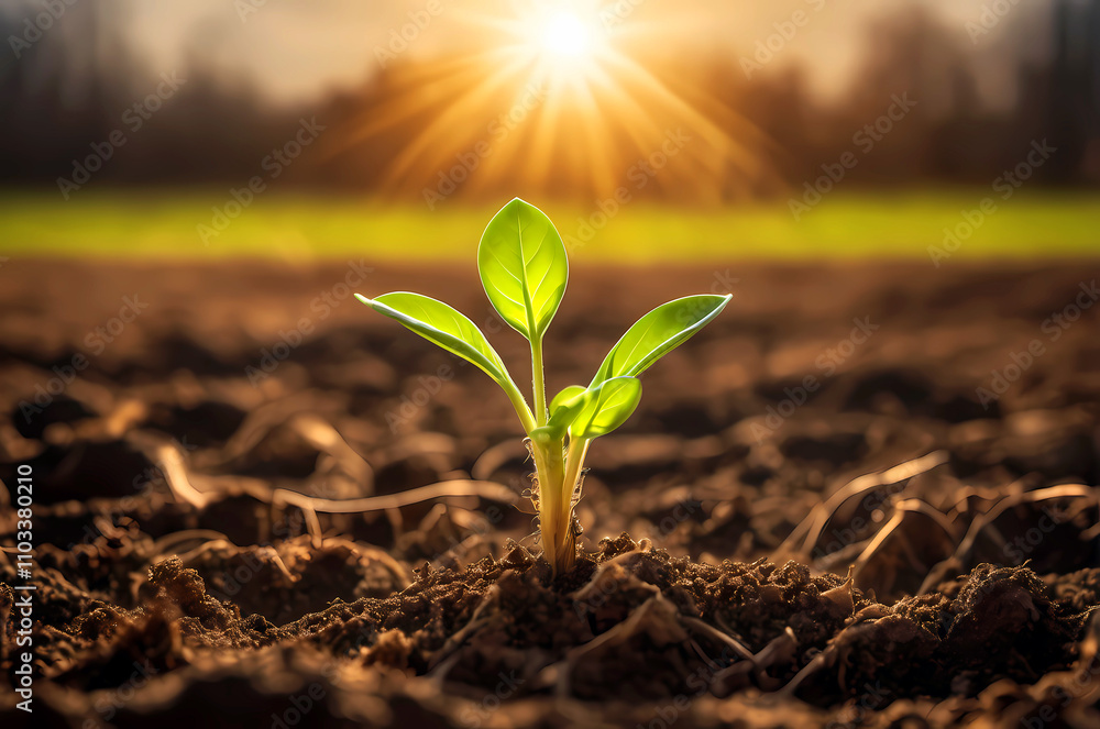 A small green sprout makes its way out of the ground to meet the rays ...