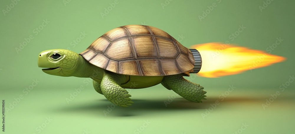 turtle is soaring through air with rocket attached, creating dynamic ...