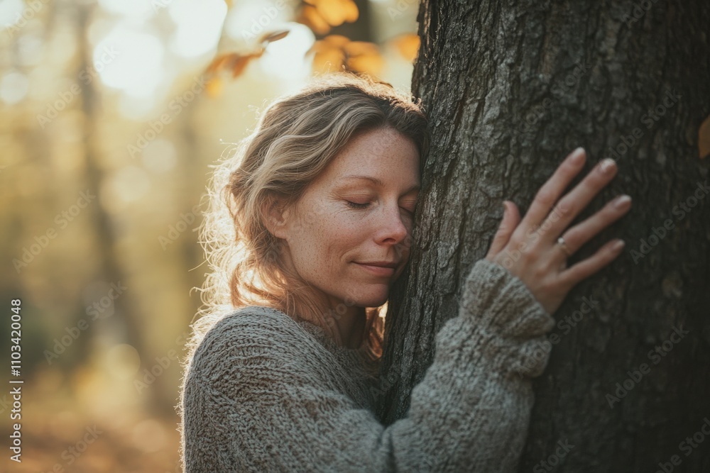 Contemplative Woman Embracing Tree in Forest, Eco-Living and ...