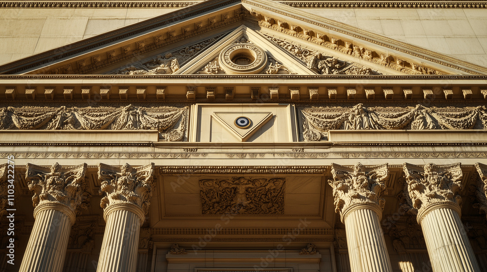 A majestic Masonic temple facade, with detailed carvings of the square ...