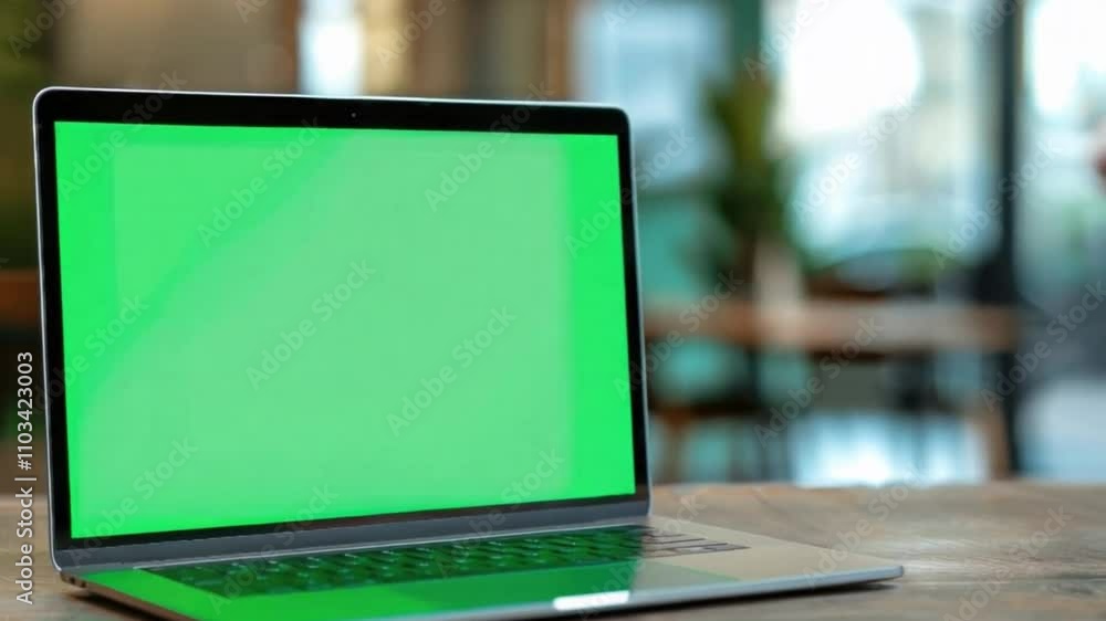 A modern laptop stands on a table with a green screen. Mockup for your ...