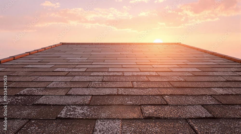Landscape shot of an asphalt shingle roof at dusk or sunset , ridges ...