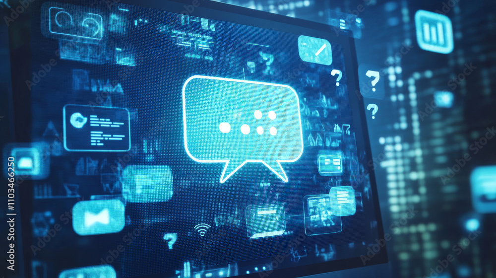 Chatbot abstract logo on a computer monitor screen and speech bubbles ...