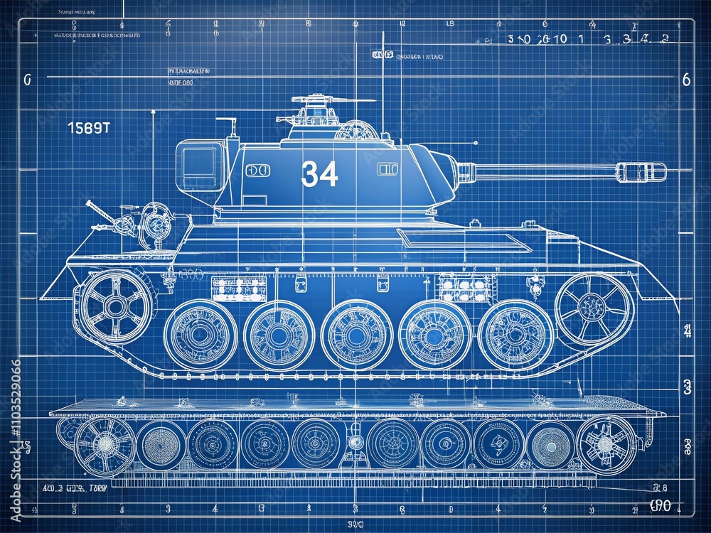 Detailed Blueprint of a Soviet T-34 Tank Structure Featuring ...
