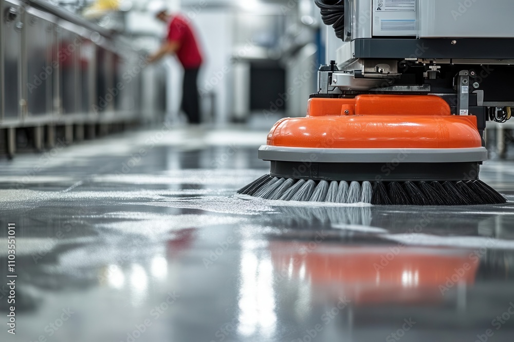 Heavy-duty cleaning machine scrubbing industrial kitchen floors ...
