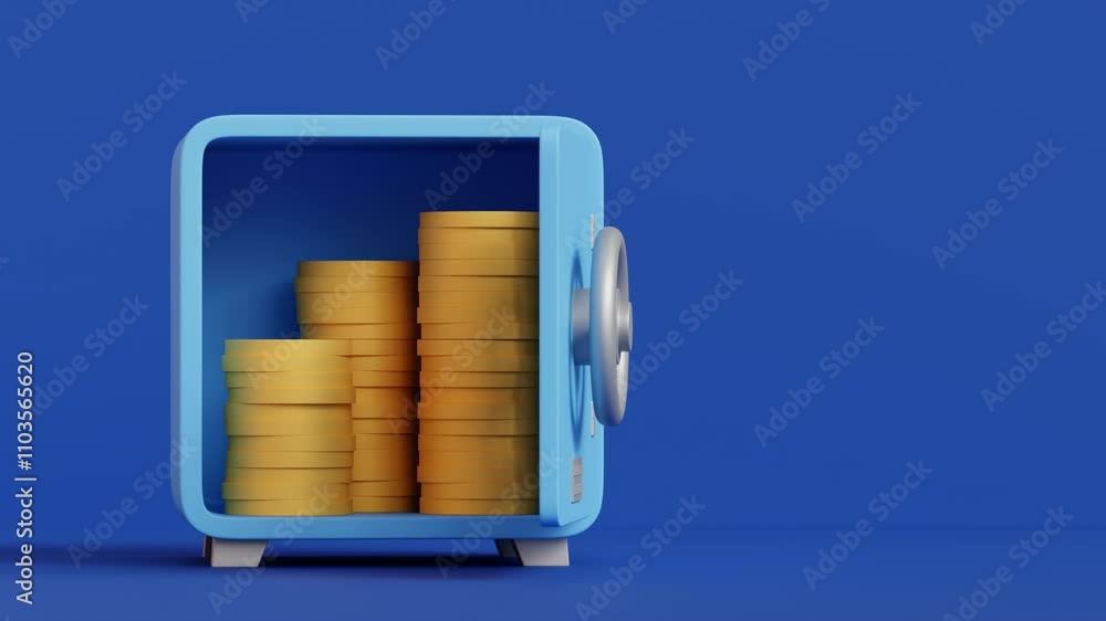 Animated video of a 3d safebox and golden money coins on isolated ...
