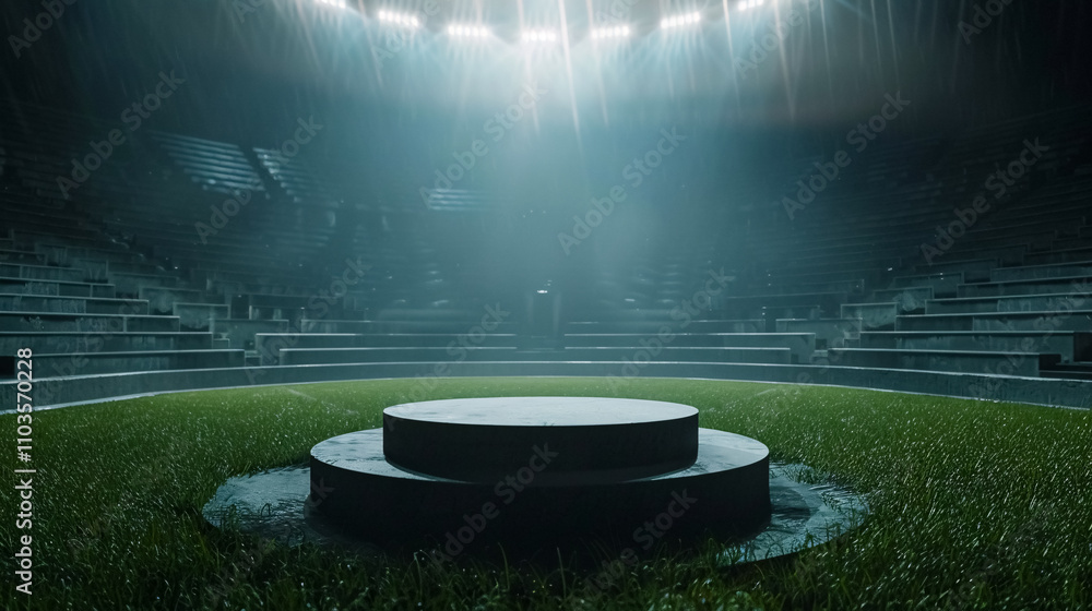 Podium in the center of a stadium, surrounded by empty seats and light ...