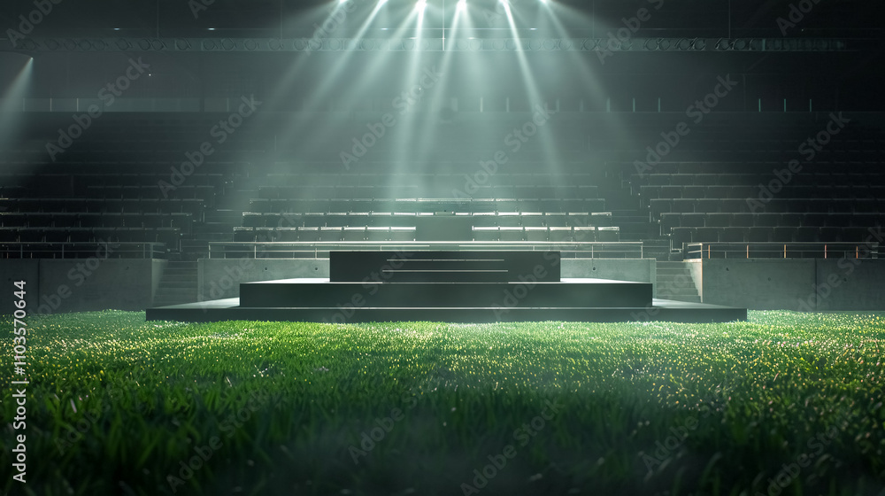 Podium in the center of a stadium, surrounded by empty seats and light ...