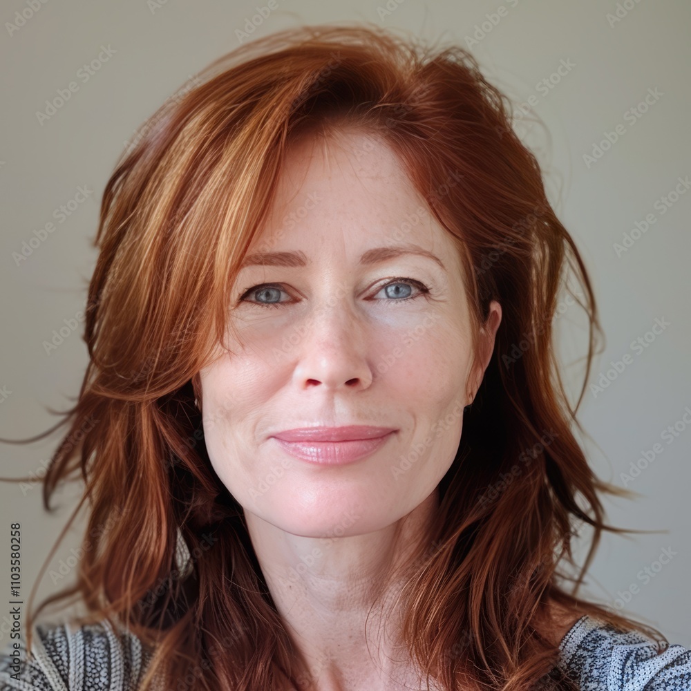 Middle-aged woman with auburn hair and a gentle smile, looking straight ...