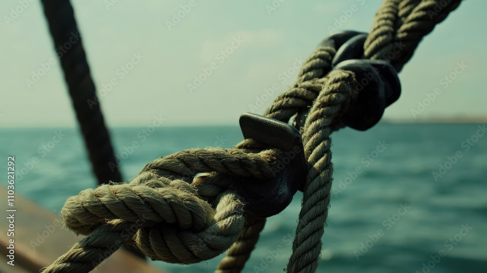 Nautical ropes and metal hardware tightly secured against a serene ...