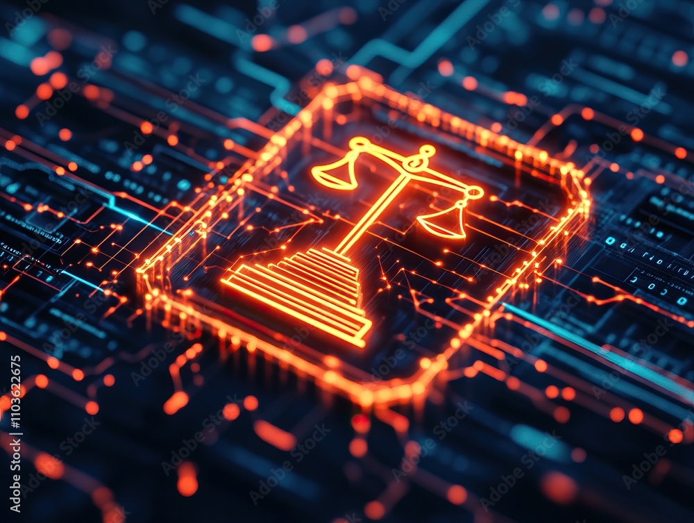 A glowing scales of justice symbol on a digital circuit background ...