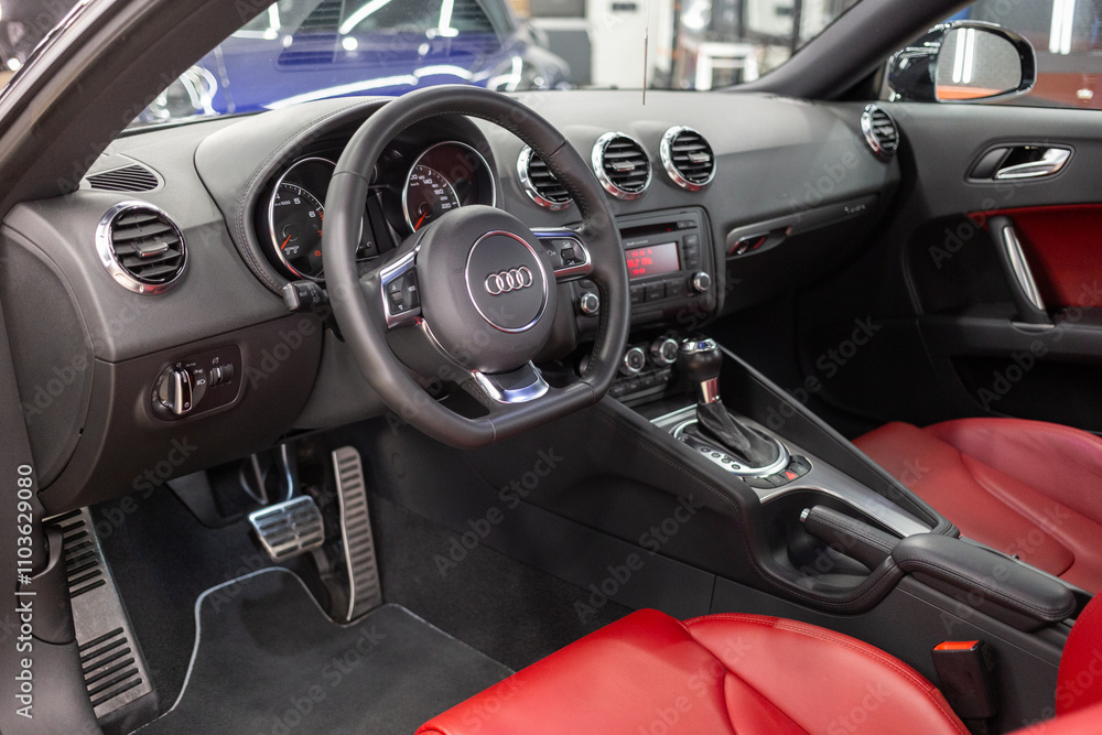 Audi TT interior cockpit view, steering wheel and details shot. Audi TT ...