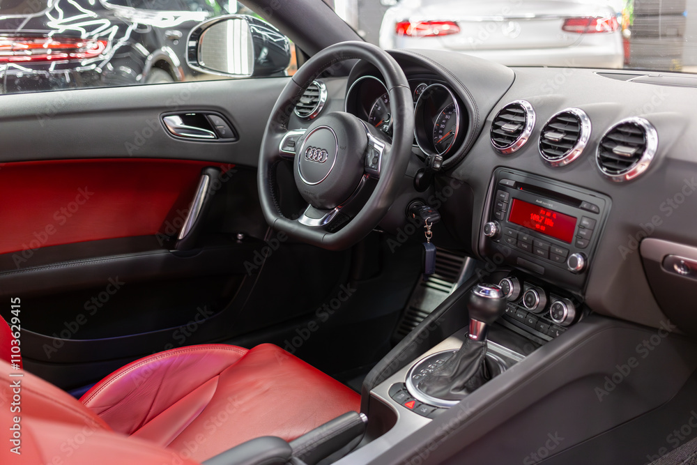 Audi TT interior cockpit view, steering wheel and details shot. Audi TT ...