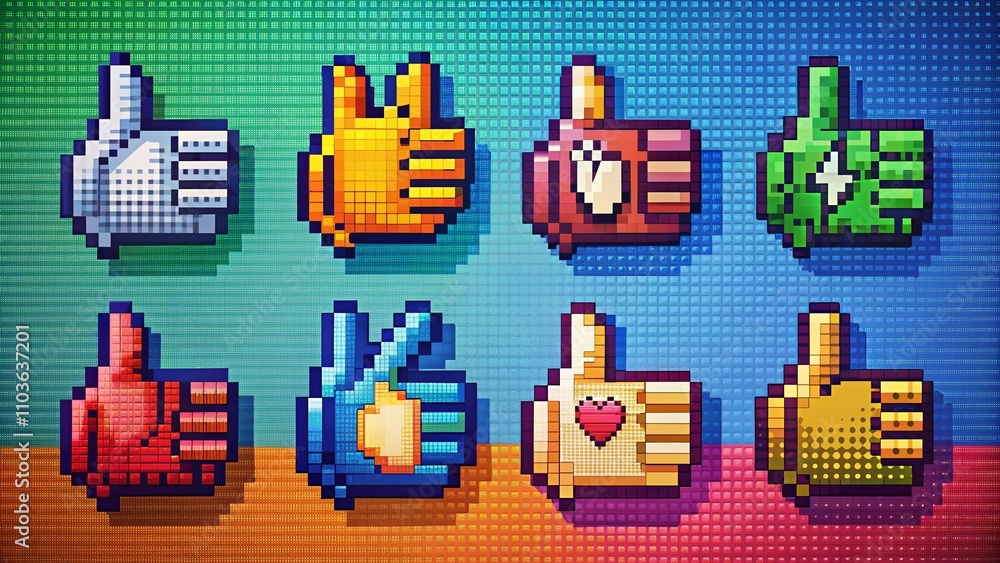 ภาพประกอบสต็อก High Depth of Field Retro Pixel Hand Gestures in 8-Bit ...