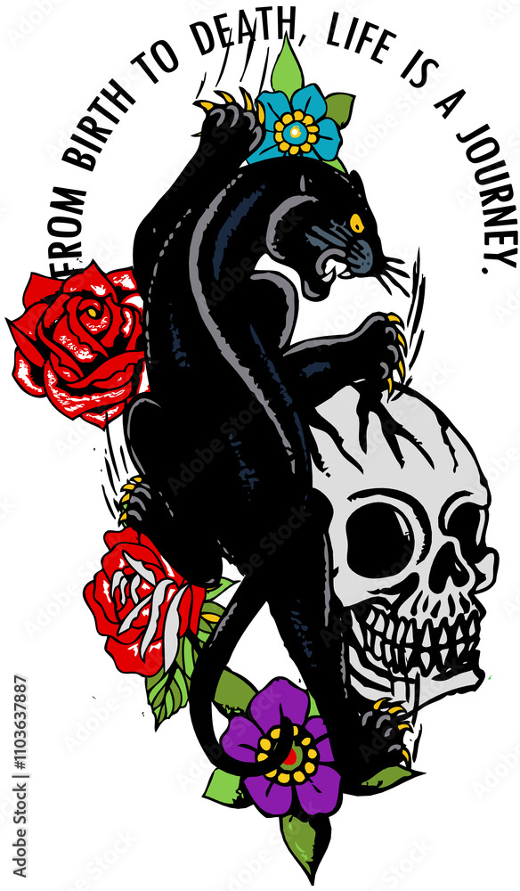 Panthere noire Tattoo tete de mort old school style tatouage rose fleur ...