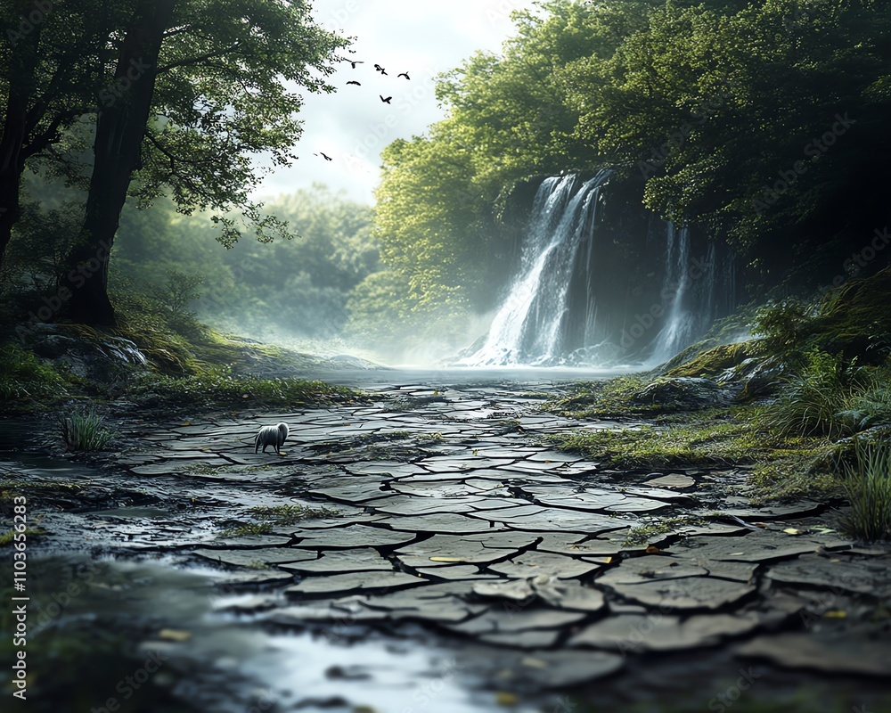 A breathtaking forest with waterfalls and wildlife abruptly ...