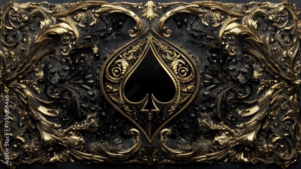 Ornate black card adorned with intricate gold designs featuring a ...