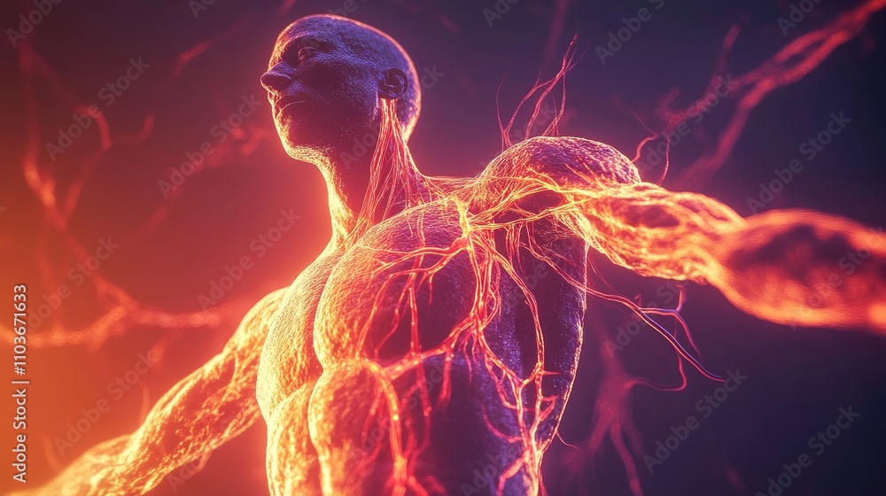 An artistic representation of the human circulatory system, showing ...