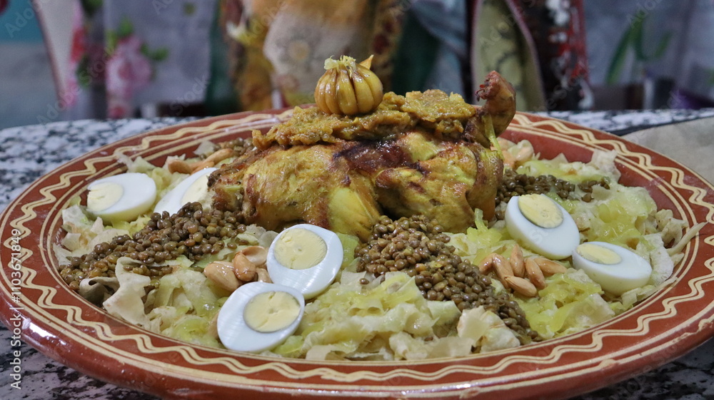 Authentic Moroccan Chicken Rfissa Dish with Lentils, Eggs, Almonds, and ...