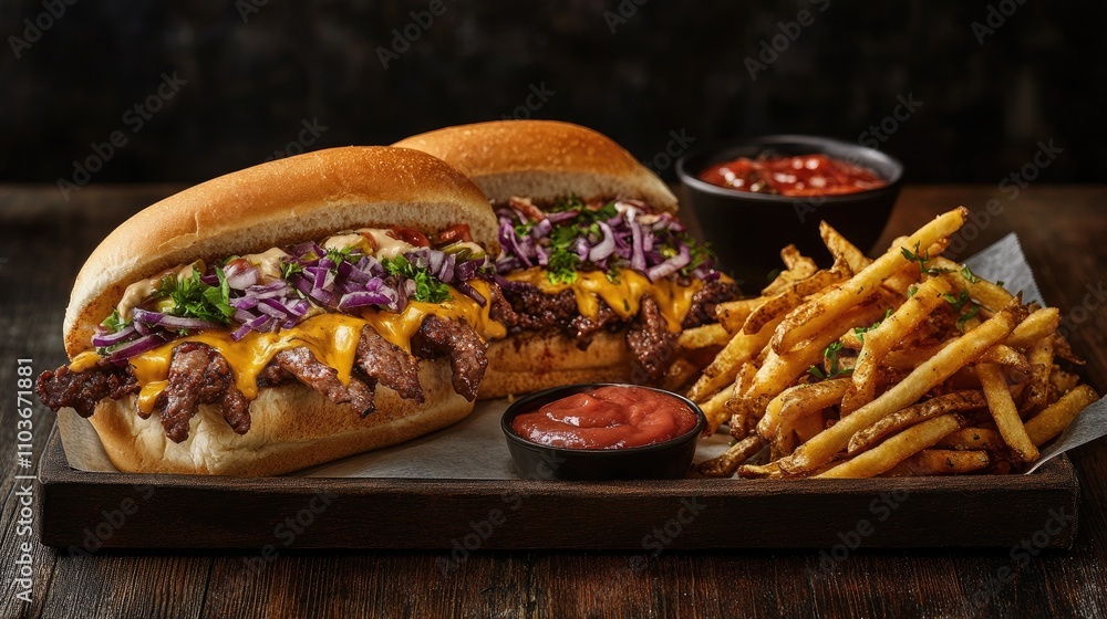 A delicious combo on a tray: two loaded Philly cheesesteaks, a cheesy ...