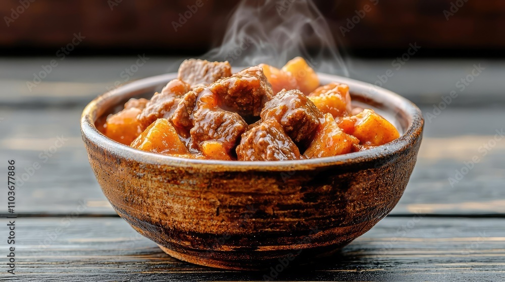 Poster Close-up of hearty beef stew cat food, steaming and served in a ...