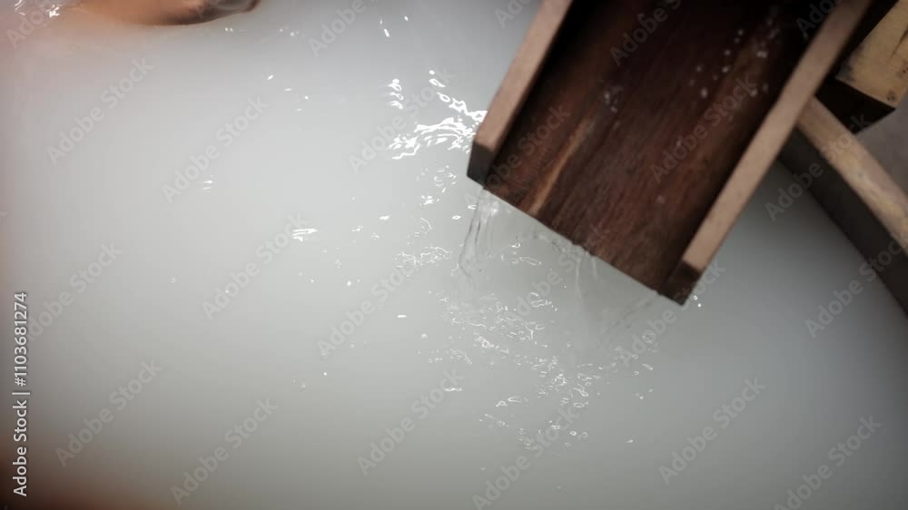 Young asian woman hands touching the surface of the water. Unidentified ...
