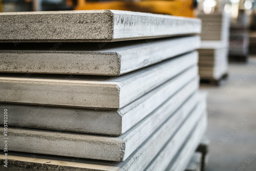 Piled precast concrete slabs in a construction factory Stock Photo ...