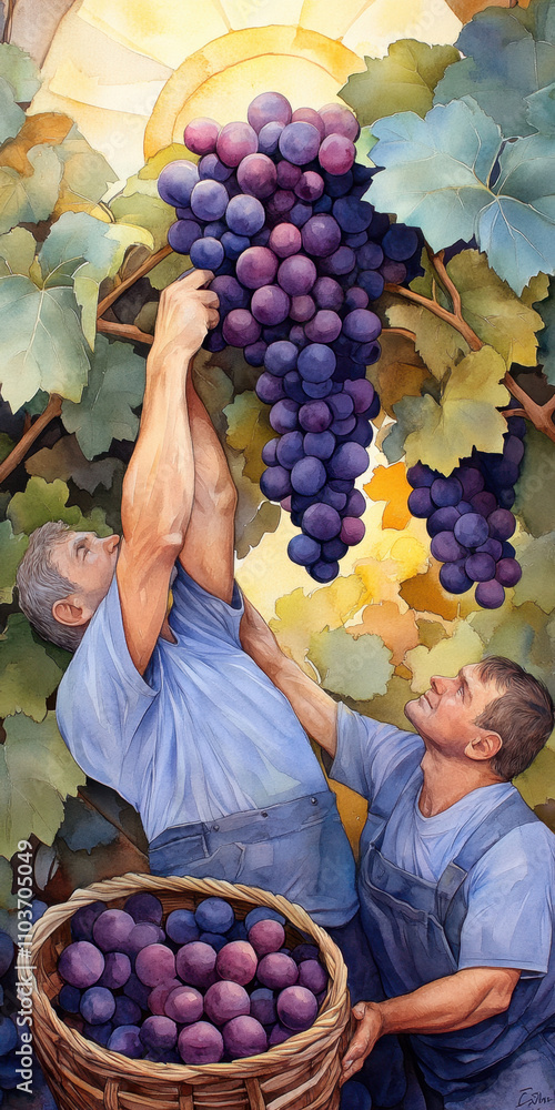 Italian style art. Two farmers harvest ripe grapes under sunlight ...