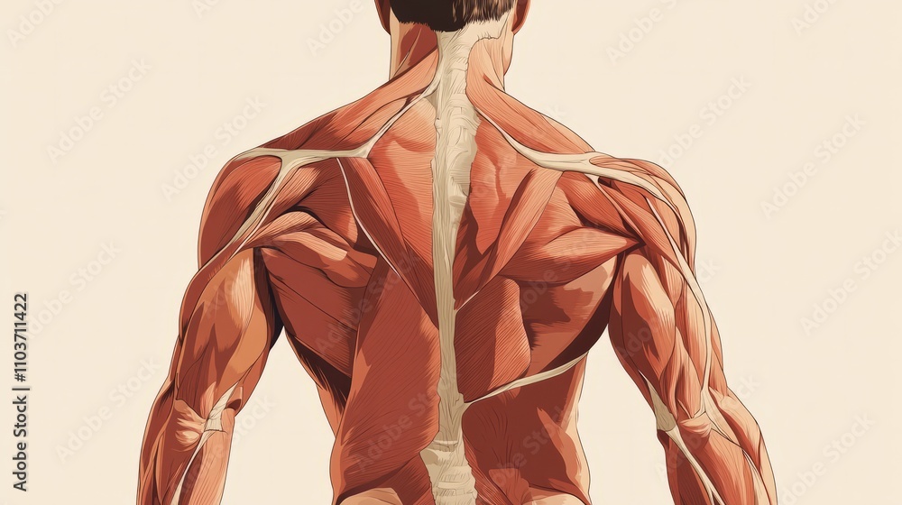 An illustration of a human back, focusing on the latissimus dorsi and ...
