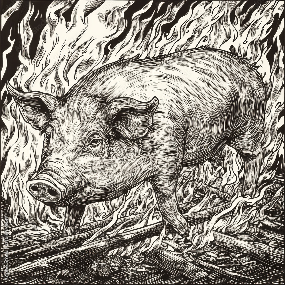 A pig roasting on a spit over an open flame, with intricate linework ...