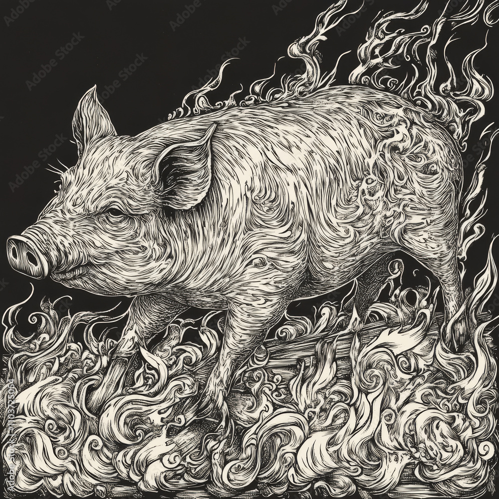 A pig roasting on a spit over an open flame, with intricate linework ...