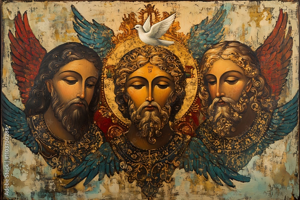 Holy Trinity icon depicting three faces of God, surrounded by wings and ...