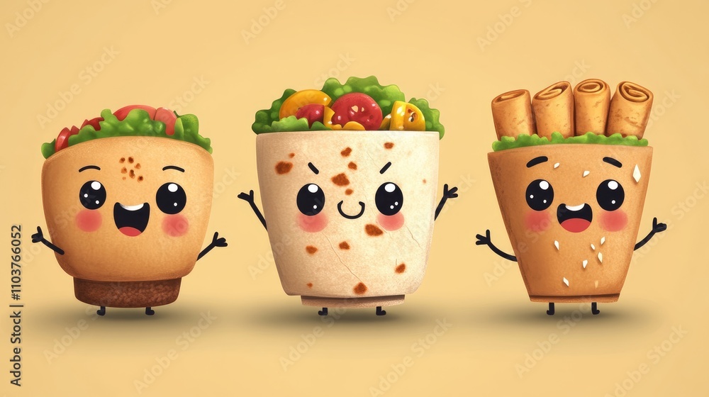 Cute cartoon characters portraying fast food items like burritos ...