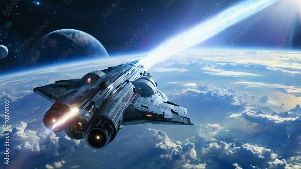 A spaceship leaving the atmosphere of Earth, with the planet gradually ...