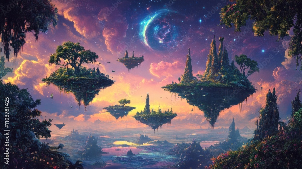 Floating islands with trees and a glowing sky in a fantasy world Stock ...