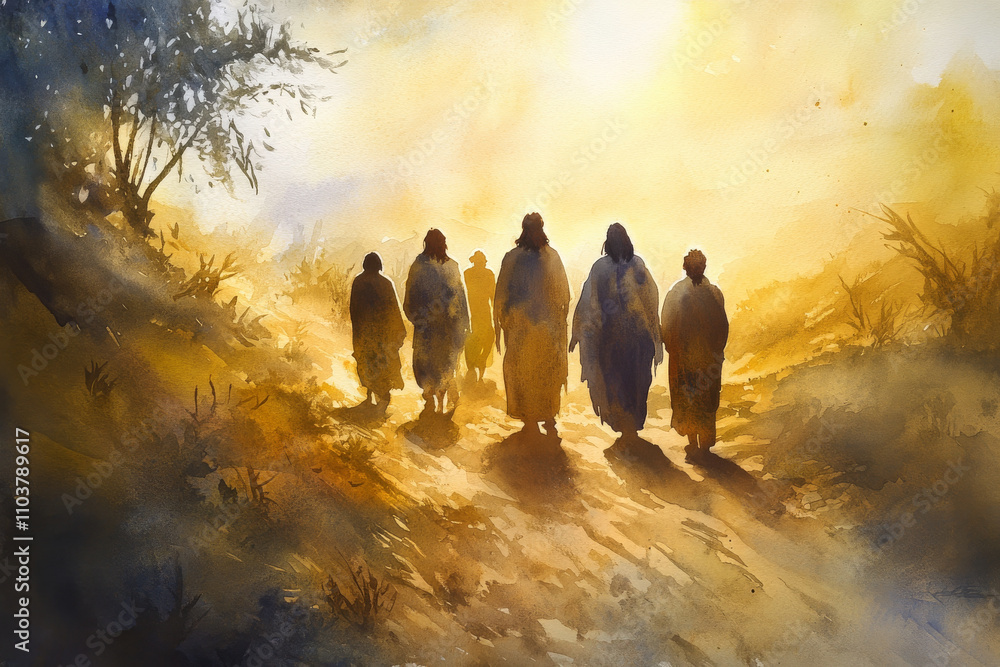 Jesus walking with his disciples along a dirt path, with a warm sun ...