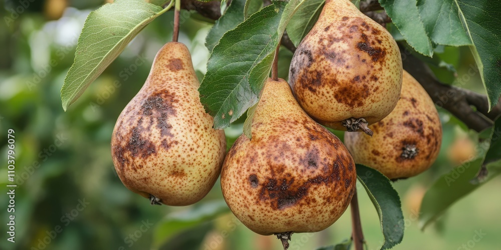 Pear moniliosis effects result in pears deteriorating on a tree. This ...