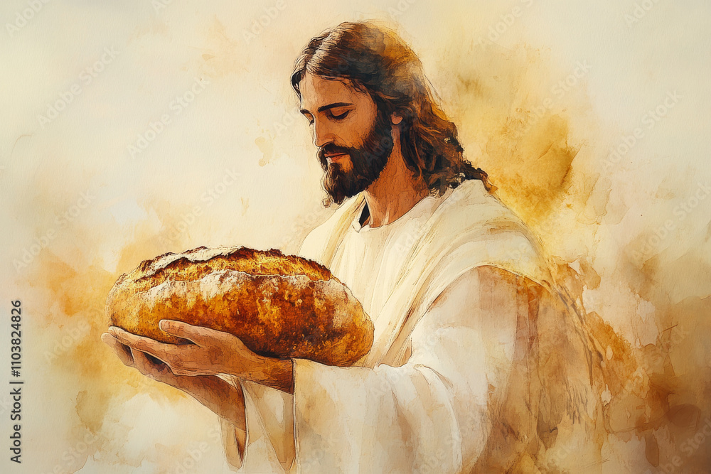 A warm watercolor of Jesus holding a loaf of bread, symbolizing the ...