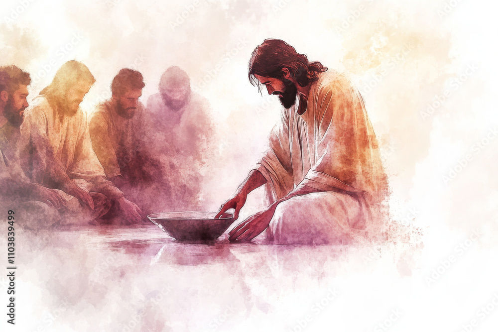 A soft, reverent digital watercolor painting depicting Jesus washing ...
