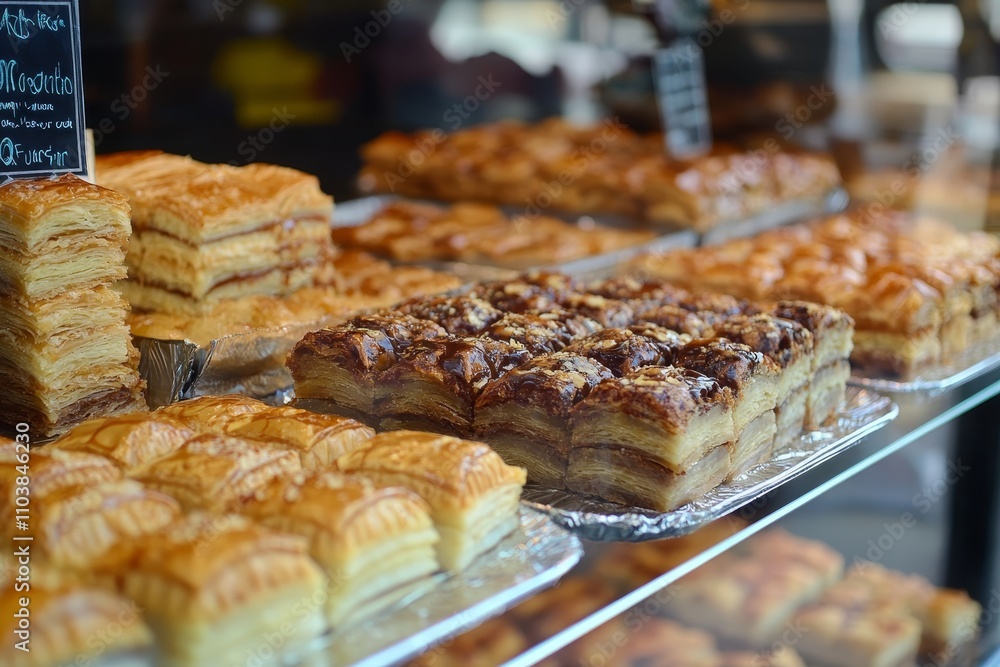 A display case in the bakery is filled with various pastries, including ...