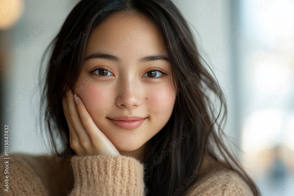 A young Japanese woman with radiant, flawless skin softly touching her ...
