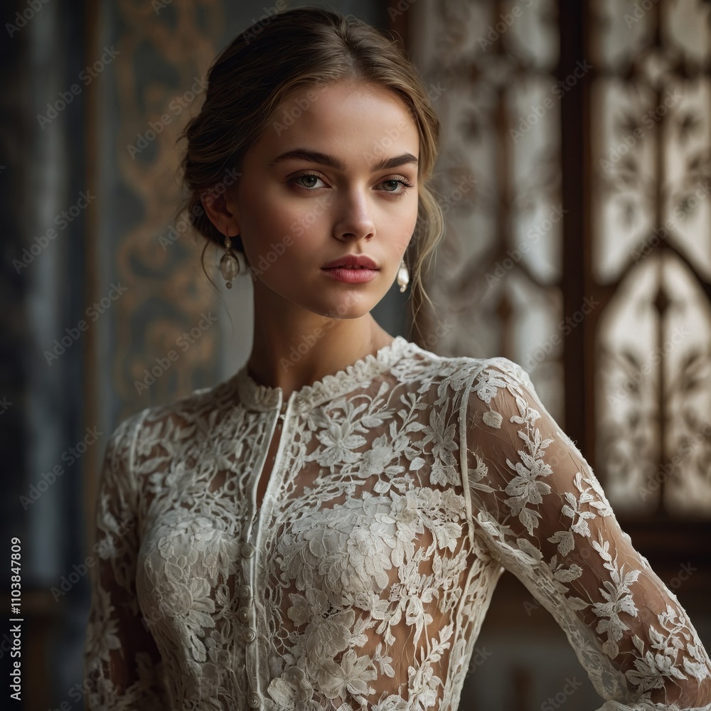 A sophisticated woman in a delicate lace dress, radiating timeless ...
