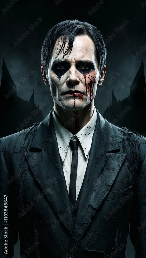 A haunting image of a man in a tattered black suit his gaunt face ...