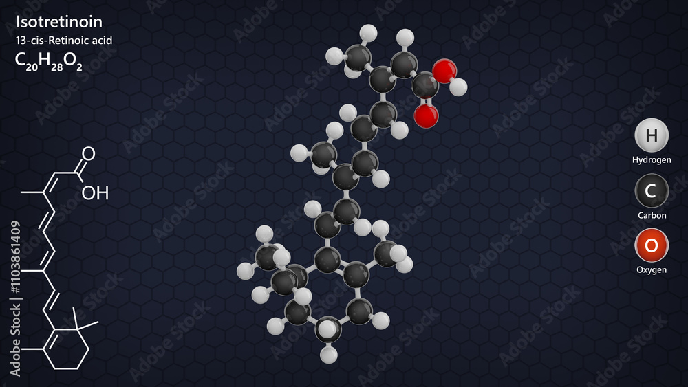 Molecule: Isotretinoin. Molecular structure. Formula: C20H28O2 ...