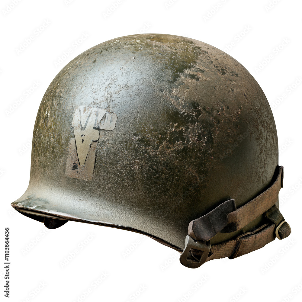 Vintage World War II green steel army helmet with a weathered metal ...