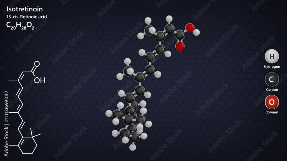 Isotretinoin. Animated 3D model of a molecule. Molecular formula ...