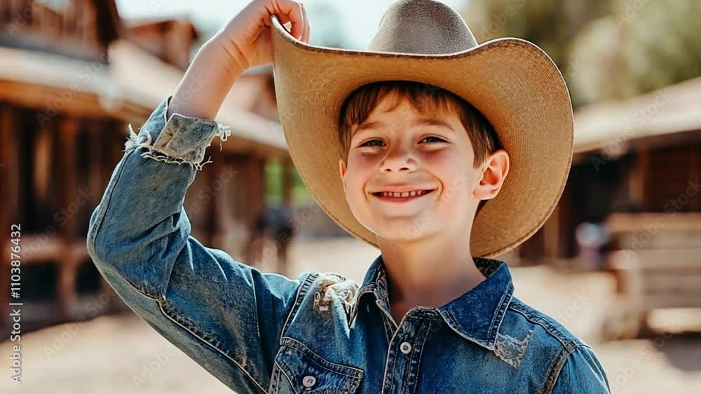 A cheerful young boy wearing a cowboy hat and denim jacket, smiling ...