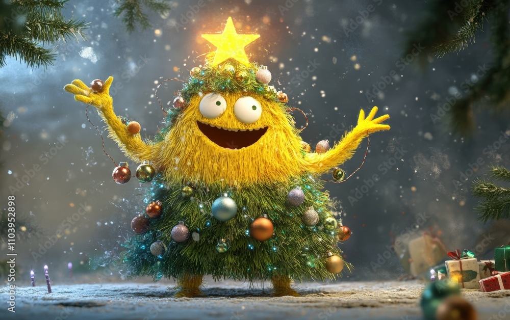 Christmas Tree Monster A round, bright yellow monster dressed as a ...
