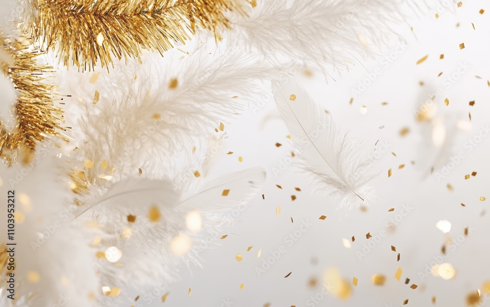 Delicate white feathers and strands of metallic gold tinsel spinning in ...